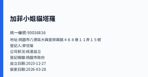 加菲小姐貓塔羅的照片-統編 93016816(桃園市) 公司登記資料與營業項目詳細圖表