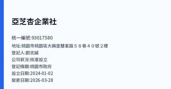 亞芝杏企業社的照片-統編 93017580(桃園市) 公司登記資料與營業項目詳細圖表