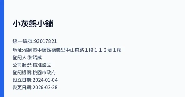 小灰熊小舖的照片-統編 93017821(桃園市) 公司登記資料與營業項目詳細圖表