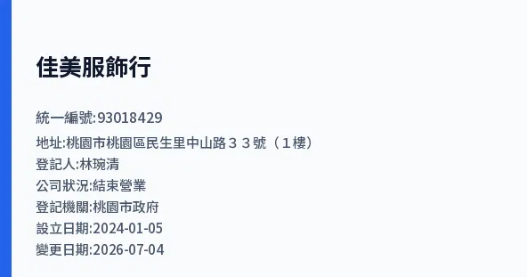 佳美服飾行的照片-統編 93018429(桃園市) 公司登記資料與營業項目詳細圖表
