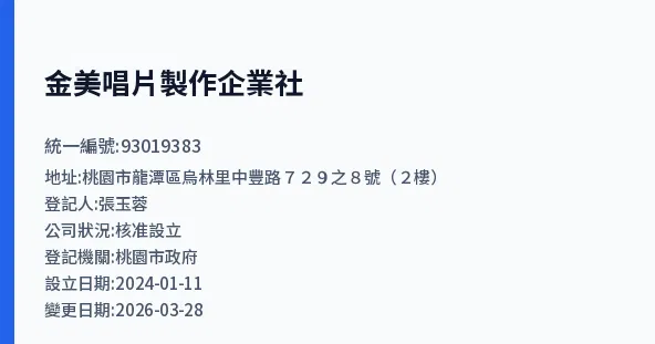 金美唱片製作企業社的照片-統編 93019383(桃園市) 公司登記資料與營業項目詳細圖表