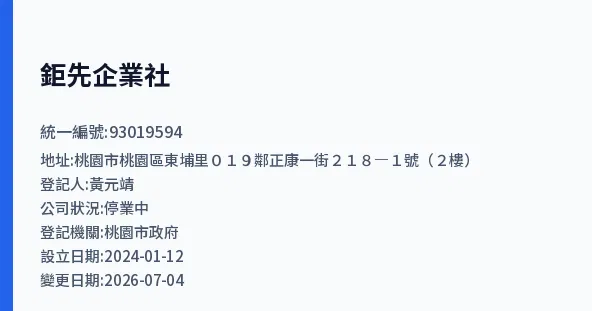 鉅先企業社的照片-統編 93019594(桃園市) 公司登記資料與營業項目詳細圖表