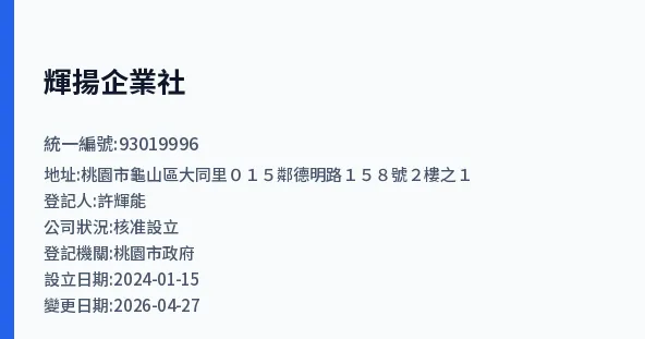 輝揚企業社的照片-統編 93019996(桃園市) 公司登記資料與營業項目詳細圖表