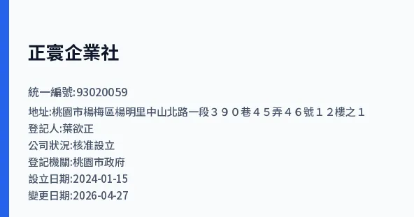 正寰企業社的照片-統編 93020059(桃園市) 公司登記資料與營業項目詳細圖表