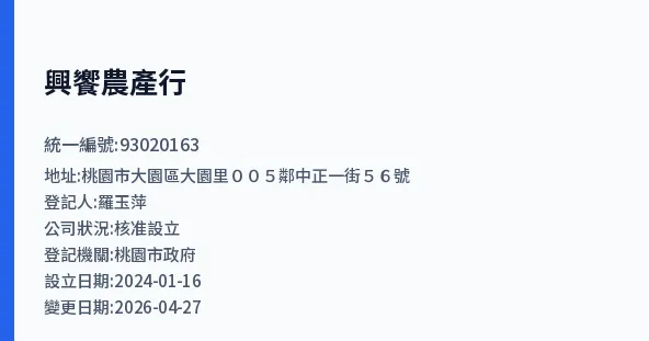 興饗農產行的照片-統編 93020163(桃園市) 公司登記資料與營業項目詳細圖表