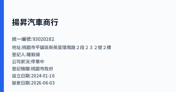 揚昇汽車商行的照片-統編 93020282(桃園市) 公司登記資料與營業項目詳細圖表