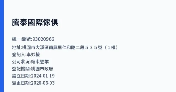 騰泰國際傢俱的照片-統編 93020966(桃園市) 公司登記資料與營業項目詳細圖表