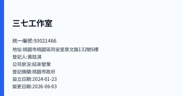 三七工作室的照片-統編 93021466(桃園市) 公司登記資料與營業項目詳細圖表