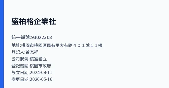 盛柏格企業社的照片-統編 93022303(桃園市) 公司登記資料與營業項目詳細圖表