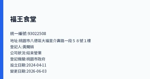 福王食堂的照片-統編 93022508(桃園市) 公司登記資料與營業項目詳細圖表