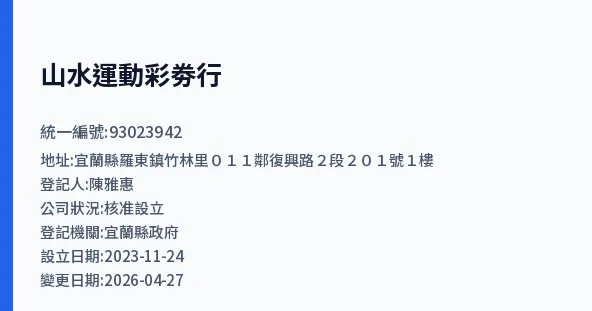山水運動彩劵行的照片-統編 93023942(宜蘭縣) 公司登記資料與營業項目詳細圖表