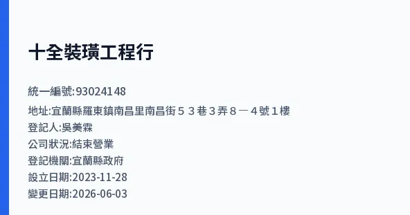 十全裝璜工程行的照片-統編 93024148(宜蘭縣) 公司登記資料與營業項目詳細圖表