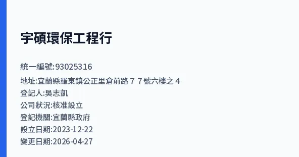 宇碩環保工程行的照片-統編 93025316(宜蘭縣) 公司登記資料與營業項目詳細圖表
