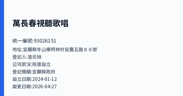 萬長春視聽歌唱的照片-統編 93026151(宜蘭縣) 公司登記資料與營業項目詳細圖表