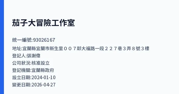 茄子大冒險工作室的照片-統編 93026167(宜蘭縣) 公司登記資料與營業項目詳細圖表
