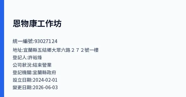 恩物康工作坊的照片-統編 93027124(宜蘭縣) 公司登記資料與營業項目詳細圖表