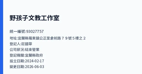 野孩子文教工作室的照片-統編 93027757(宜蘭縣) 公司登記資料與營業項目詳細圖表
