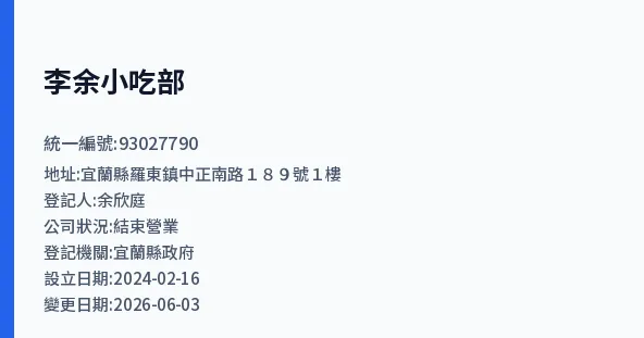 李余小吃部的照片-統編 93027790(宜蘭縣) 公司登記資料與營業項目詳細圖表