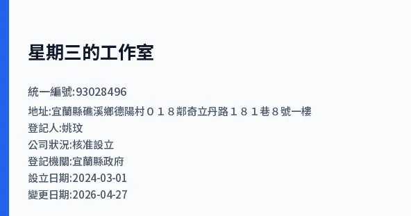 星期三的工作室的照片-統編 93028496(宜蘭縣) 公司登記資料與營業項目詳細圖表