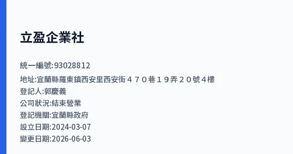 立盈企業社的照片-統編 93028812(宜蘭縣) 公司登記資料與營業項目詳細圖表
