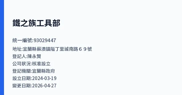鐵之族工具部的照片-統編 93029447(宜蘭縣) 公司登記資料與營業項目詳細圖表