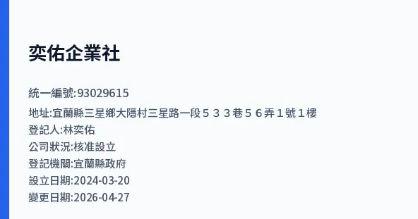 奕佑企業社的照片-統編 93029615(宜蘭縣) 公司登記資料與營業項目詳細圖表