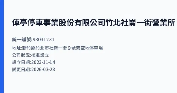 俥亭停車事業股份有限公司竹北社崙一街營業所的照片-統編 93031231(新竹縣) 公司登記資料與營業項目詳細圖表
