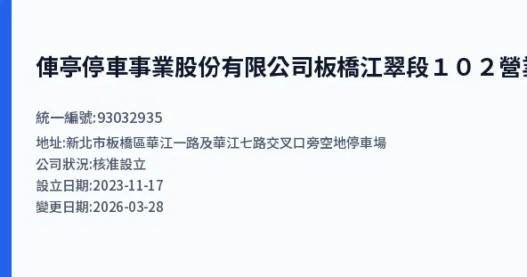 俥亭停車事業股份有限公司板橋江翠段102營業所的照片-統編 93032935(新北市) 公司登記資料與營業項目詳細圖表