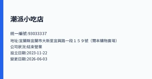 潮派小吃店的照片-統編 93033337(宜蘭縣) 公司登記資料與營業項目詳細圖表