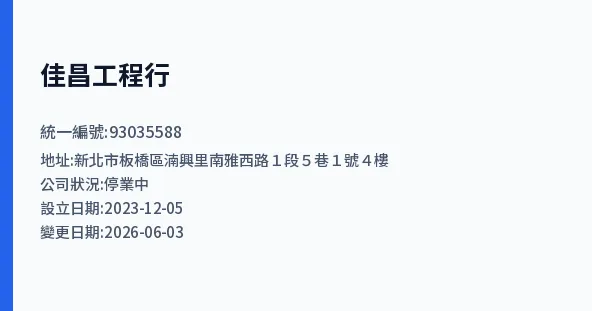佳昌工程行的照片-統編 93035588(新北市) 公司登記資料與營業項目詳細圖表
