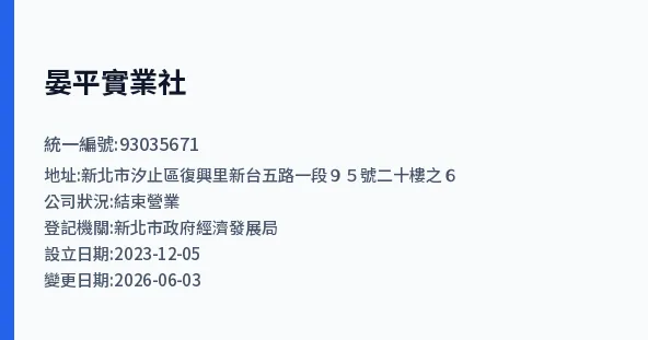 晏平實業社的照片-統編 93035671(新北市) 公司登記資料與營業項目詳細圖表