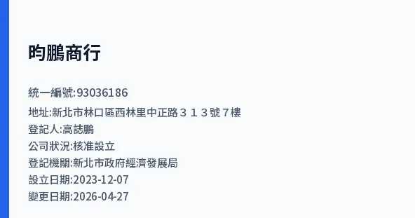 昀鵬商行的照片-統編 93036186(新北市) 公司登記資料與營業項目詳細圖表