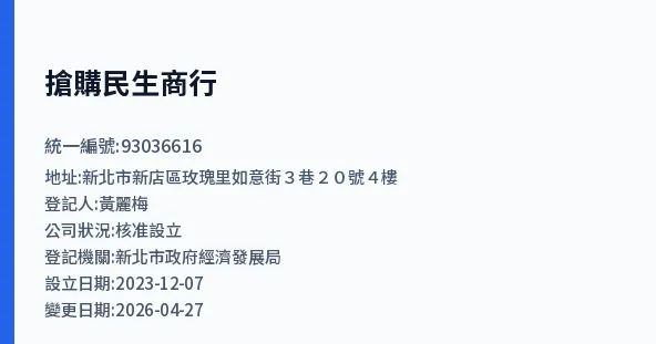 搶購民生商行的照片-統編 93036616(新北市) 公司登記資料與營業項目詳細圖表