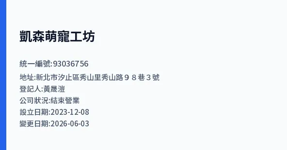 凱森萌寵工坊的照片-統編 93036756(新北市) 公司登記資料與營業項目詳細圖表
