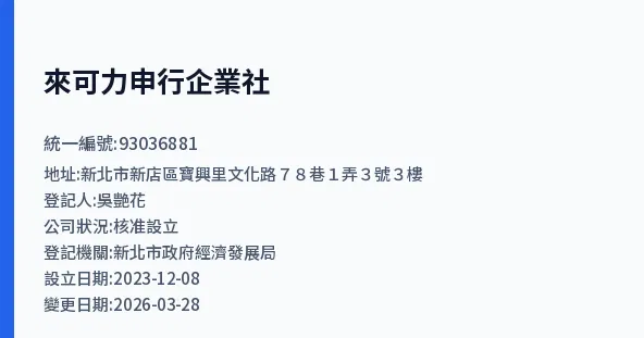 來可力申行企業社的照片-統編 93036881(新北市) 公司登記資料與營業項目詳細圖表