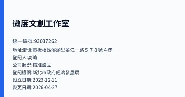 微度文創工作室的照片-統編 93037262(新北市) 公司登記資料與營業項目詳細圖表