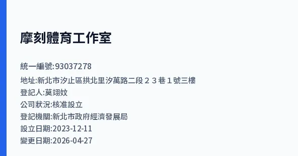 摩刻體育工作室的照片-統編 93037278(新北市) 公司登記資料與營業項目詳細圖表