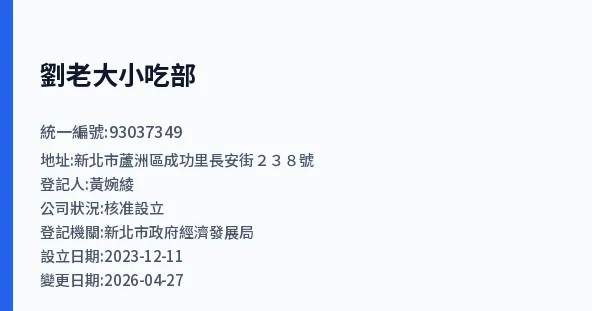 劉老大小吃部的照片-統編 93037349(新北市) 公司登記資料與營業項目詳細圖表