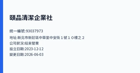 頤品清潔企業社的照片-統編 93037973(新北市) 公司登記資料與營業項目詳細圖表