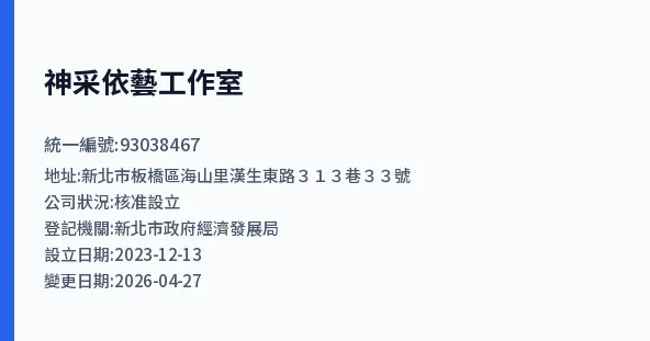 神采依藝工作室的照片-統編 93038467(新北市) 公司登記資料與營業項目詳細圖表