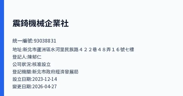 震錡機械企業社的照片-統編 93038831(新北市) 公司登記資料與營業項目詳細圖表