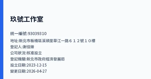 玖號工作室的照片-統編 93039310(新北市) 公司登記資料與營業項目詳細圖表