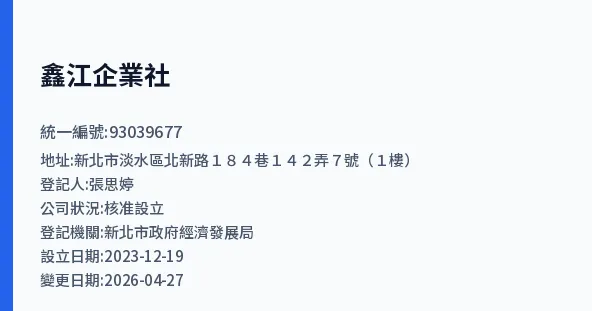 鑫江企業社的照片-統編 93039677(新北市) 公司登記資料與營業項目詳細圖表