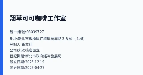 翔萃可可咖啡工作室的照片-統編 93039727(新北市) 公司登記資料與營業項目詳細圖表
