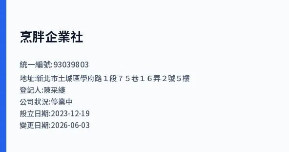 烹胖企業社的照片-統編 93039803(新北市) 公司登記資料與營業項目詳細圖表