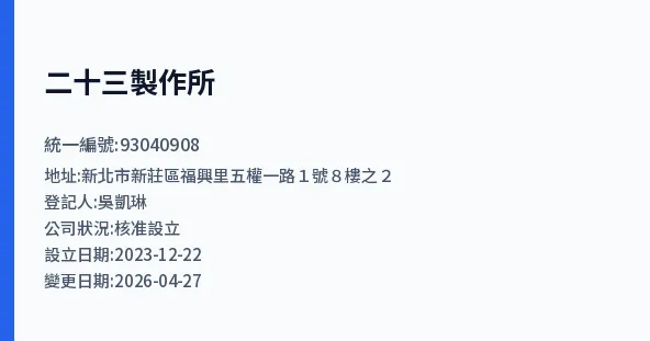 二十三製作所的照片-統編 93040908(新北市) 公司登記資料與營業項目詳細圖表