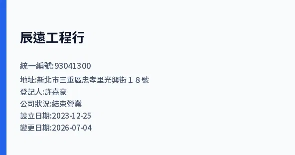 辰遠工程行的照片-統編 93041300(新北市) 公司登記資料與營業項目詳細圖表