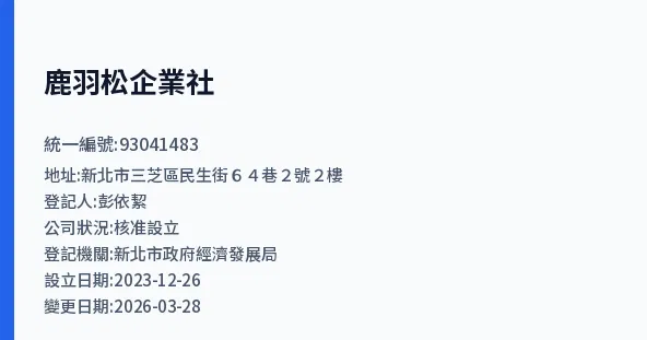 鹿羽松企業社的照片-統編 93041483(新北市) 公司登記資料與營業項目詳細圖表