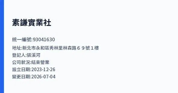 素謙實業社的照片-統編 93041630(新北市) 公司登記資料與營業項目詳細圖表