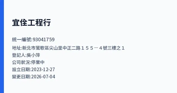 宜佺工程行的照片-統編 93041759(新北市) 公司登記資料與營業項目詳細圖表